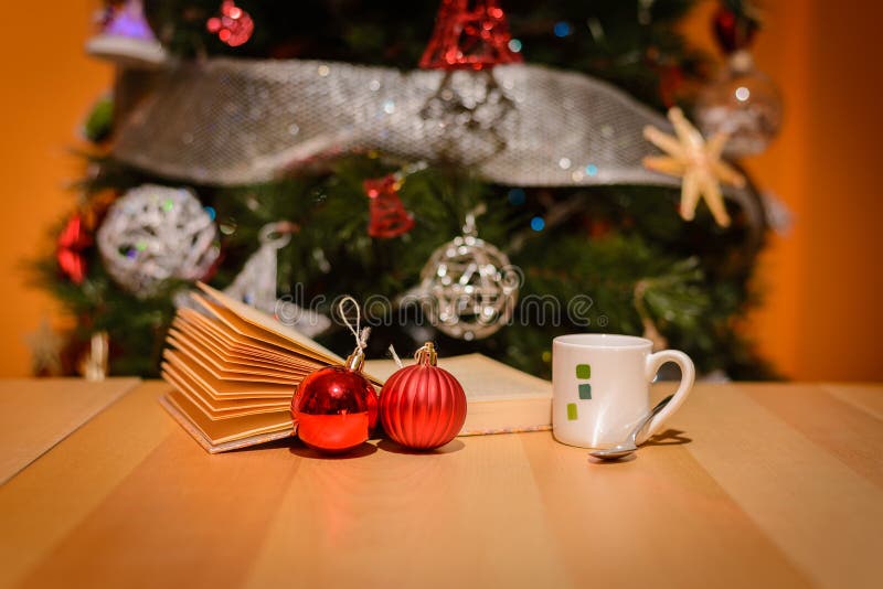 A Cup of Coffee Behind the Christmas Tree Stock Photo - Image of flame ...