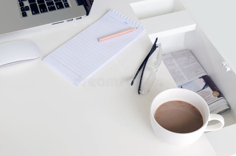 Cup of Coffee, Blank Note with Pencil and Laptop Stock Photo - Image of ...