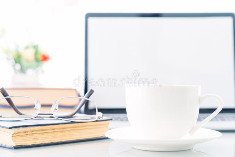 Cup of Coffee with Blank Screen Laptop Computer on Deck Stock Image ...