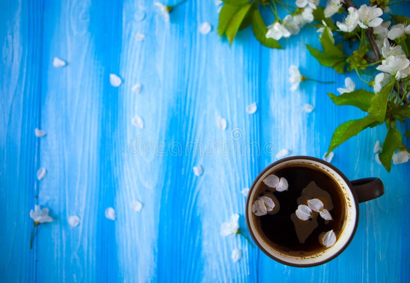 Cup of Coffee on Blue Wood Spring Background with Copy Space Stock ...