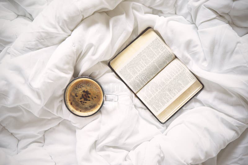Cup of Coffee and a Book on Bed Stock Image - Image of fashion ...