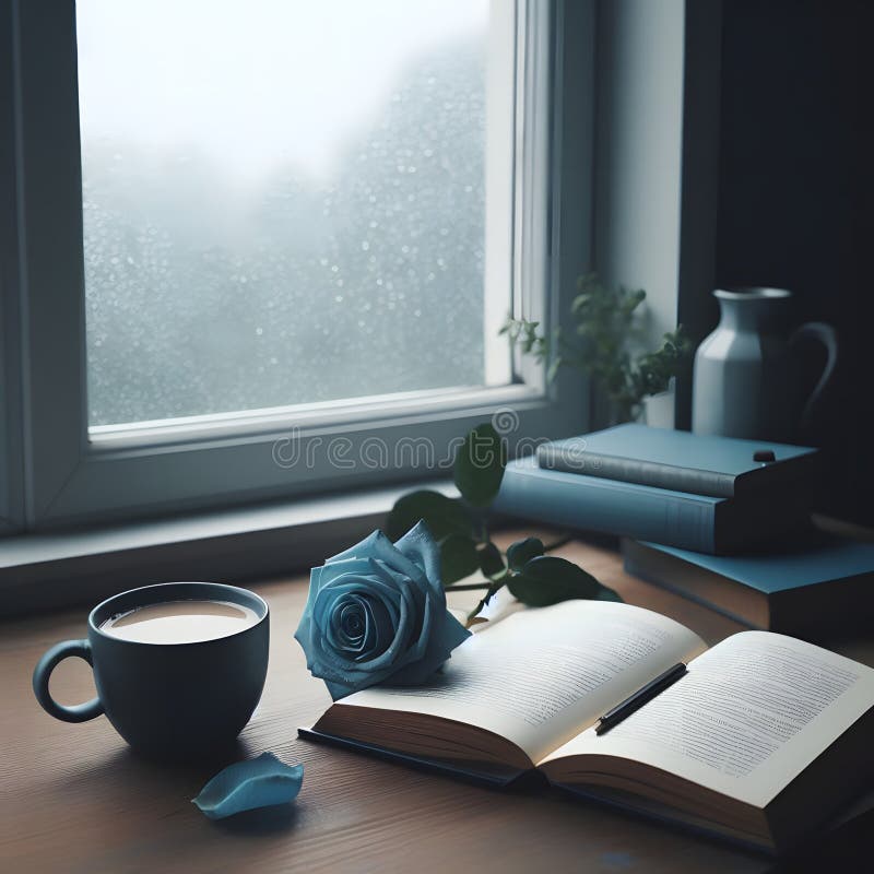 A Cup of Coffee, a Book, and a Blue Rose beside a Window, Raindrops on ...