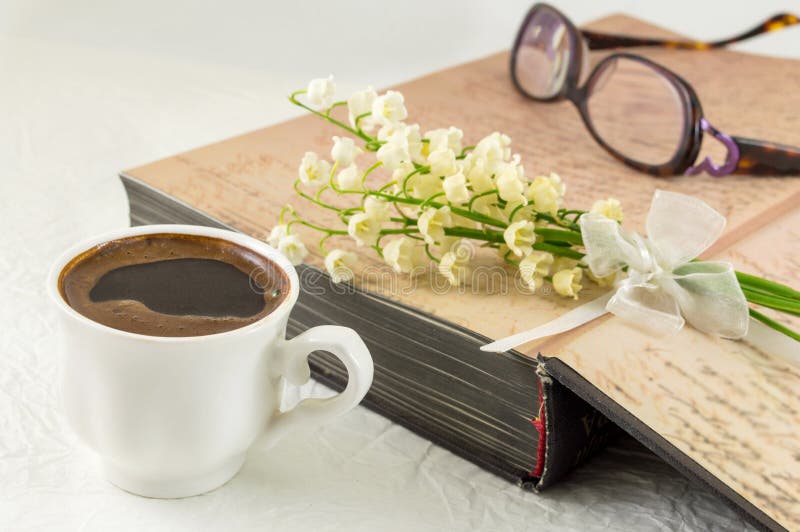 Cup of Coffee, Book and Lily Flowers Stock Image - Image of glasses ...