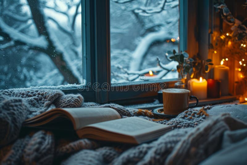 A Cup of Coffee and a Book Rest on a Window Sill, Bathed in Sunlight ...