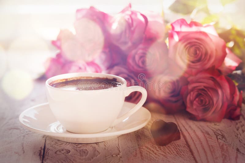 Cup of Coffee and Bouquet Pink Roses on Table Stock Image - Image of ...