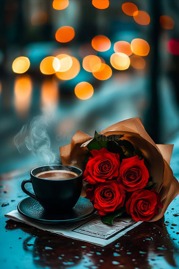 A Cup of Coffee and a Bouquet of Red Roses on a Table Stock Image ...