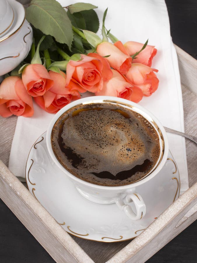 Cup of Coffee and a Bouquet of Roses on a Tray Stock Image - Image of ...