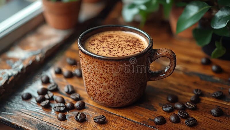 Cup Coffee Sits Table Pile Beans Around Stock Photos - Free & Royalty ...