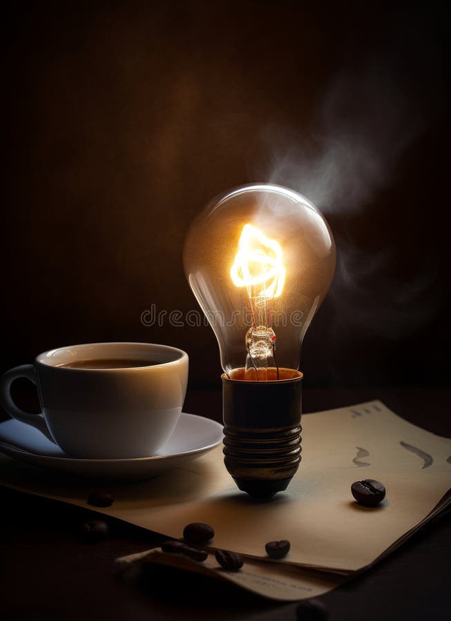 Cup of Coffee and Burning Light Bulb on Table Stock Image - Image of ...