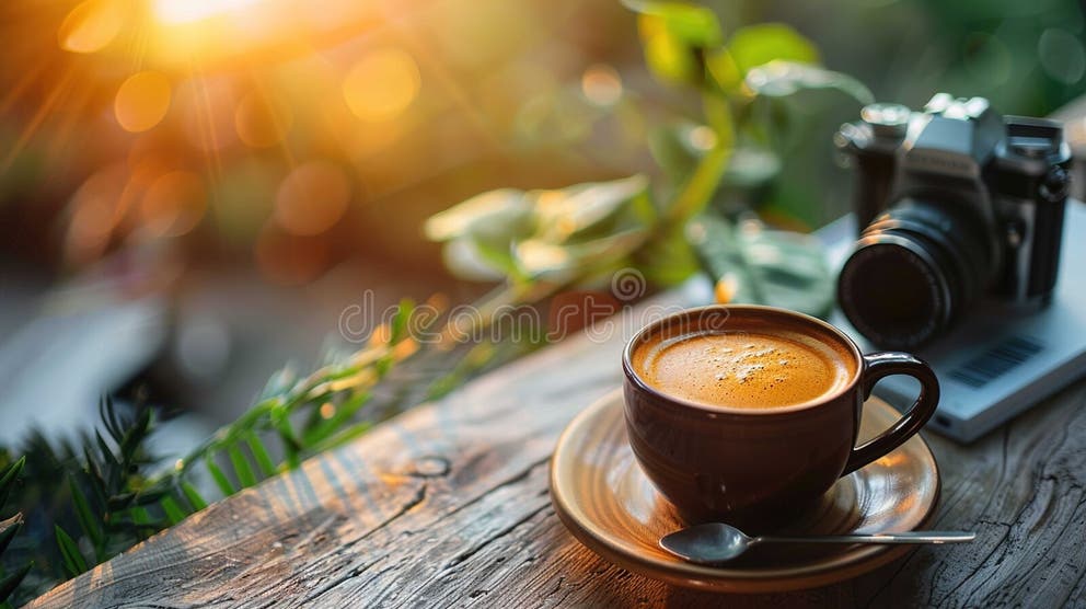 Cup of Coffee and Camera on a Table Stock Photo - Image of equipment ...