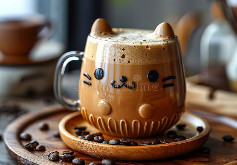 Cup of Coffee with Cat Face. Cute Cat Shaped Coffee Glass Cup Stock ...