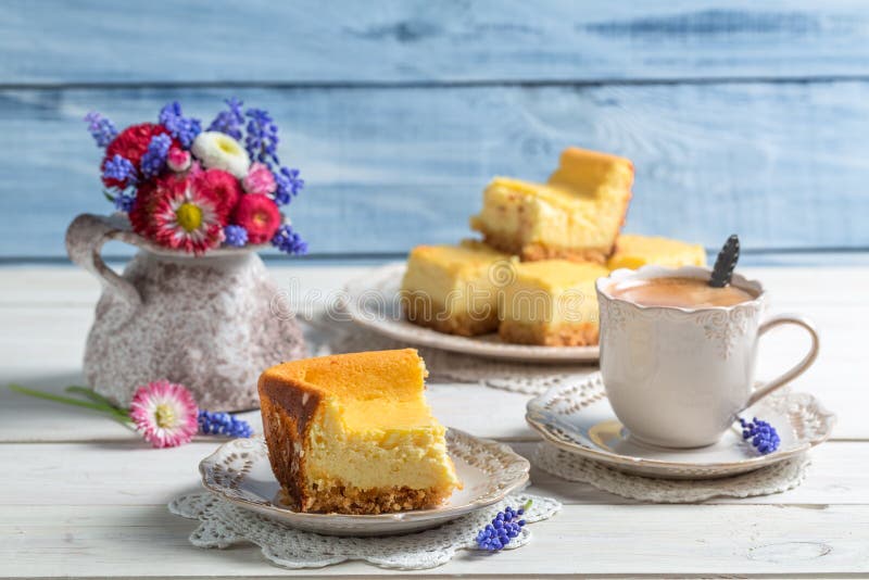 Easter Cake, Cup of Coffee and Spring Flowers Stock Photo - Image of ...