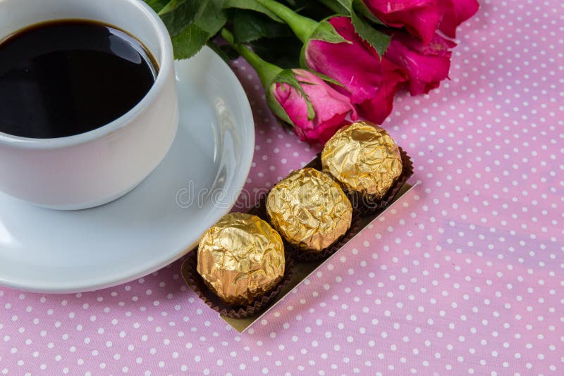 Cup of Coffee, Chocolate, Almonds and Rose Stock Image - Image of ...