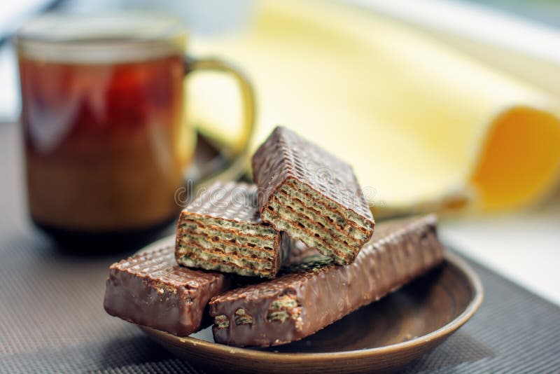Cup of Coffee, Chocolate Waffles with Yellow Napkin Stock Image - Image ...