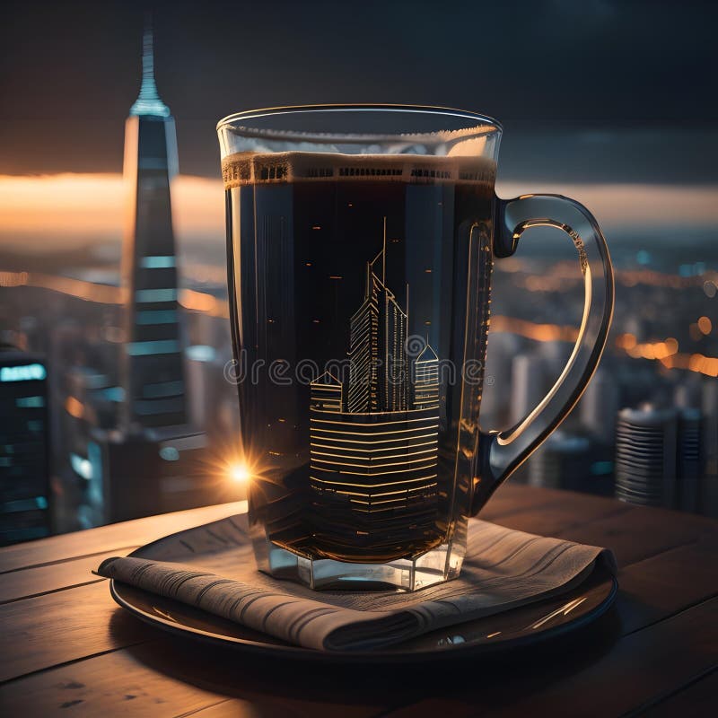 Cup of Coffee with City Skyline at Night. Generative Ai Stock ...
