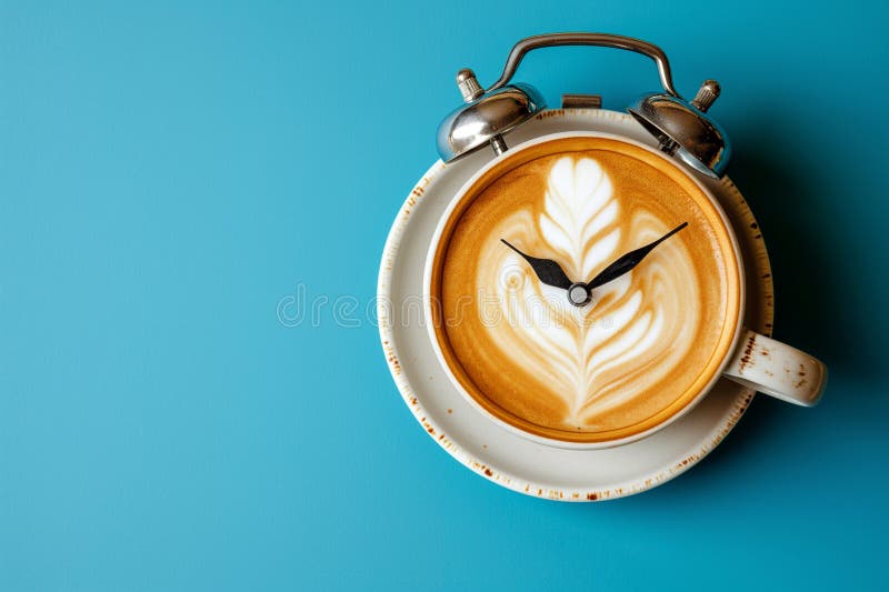 Cup of Coffee instead of Classic Alarm Clock Face Isolated on Blue ...