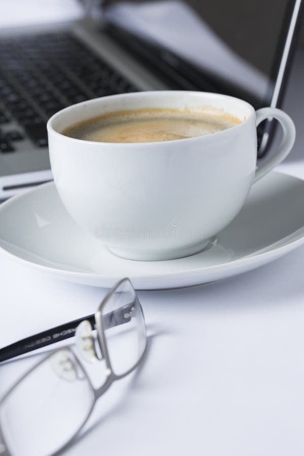 Cup of Coffee with Computer and Glasses Stock Image - Image of coffee ...