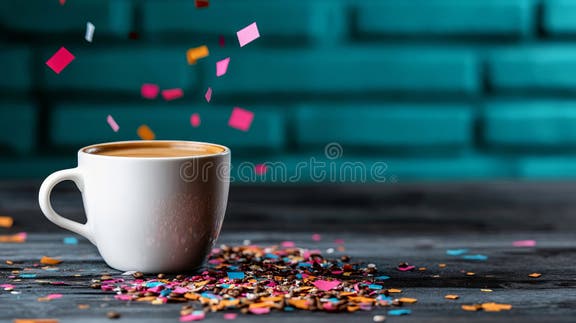 A Cup of Coffee with Confetti Falling Out of it Stock Photo - Image of ...
