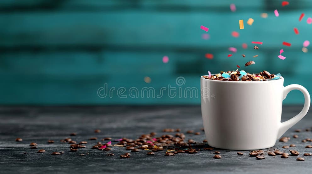 A Cup of Coffee with Confetti Falling Out of it Stock Image - Image of ...