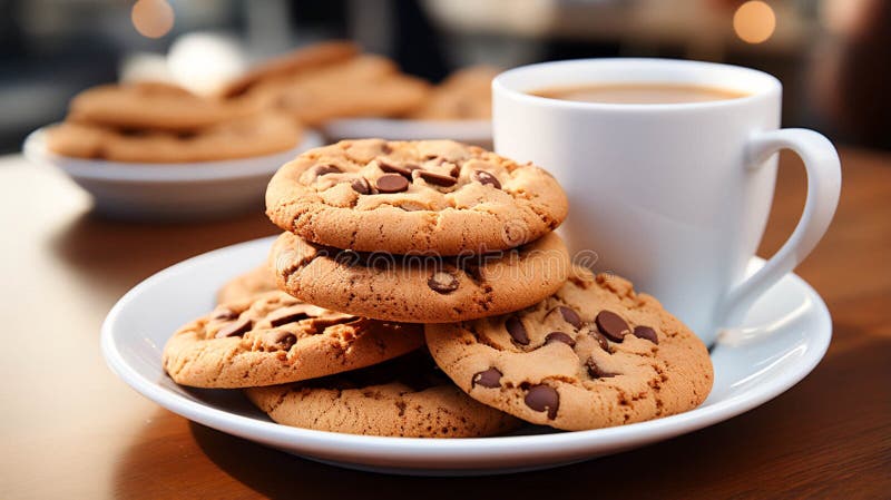 Cup of Coffee Cookie in a Plate on White Table Stock Image - Image of ...