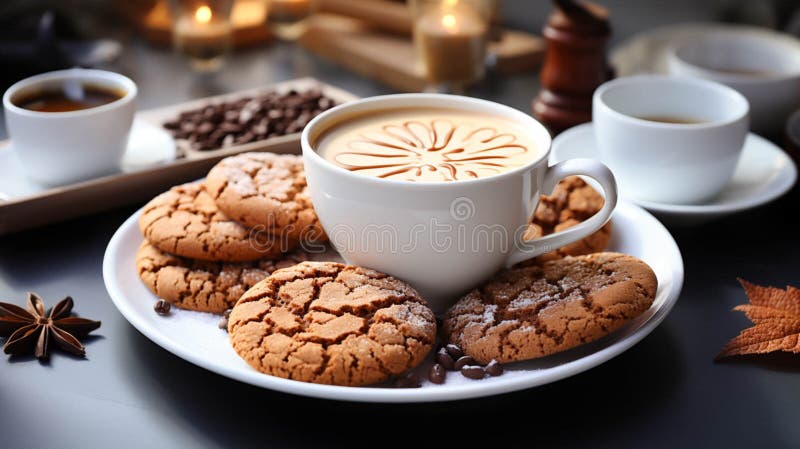 Cup of Coffee Cookie in a Plate on White Table Stock Photo - Image of brown, caffeine: 313798694