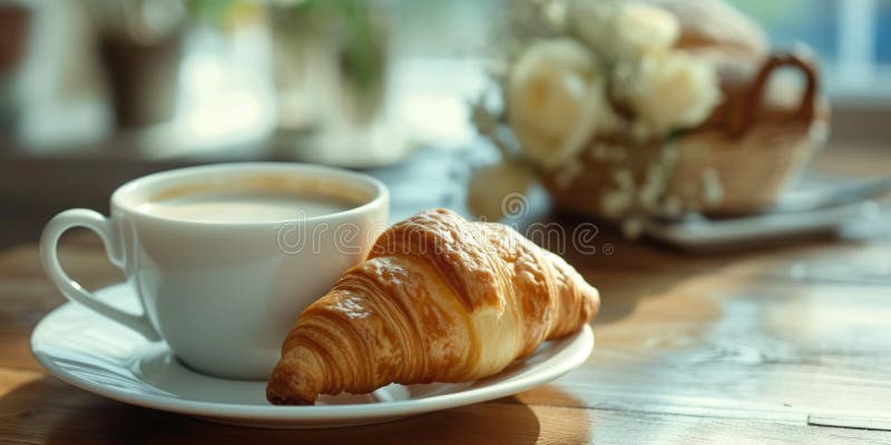 A Cup of Coffee and a Croissant on a Plate, Perfect for a Delicious Breakfast. Stock Photo ...