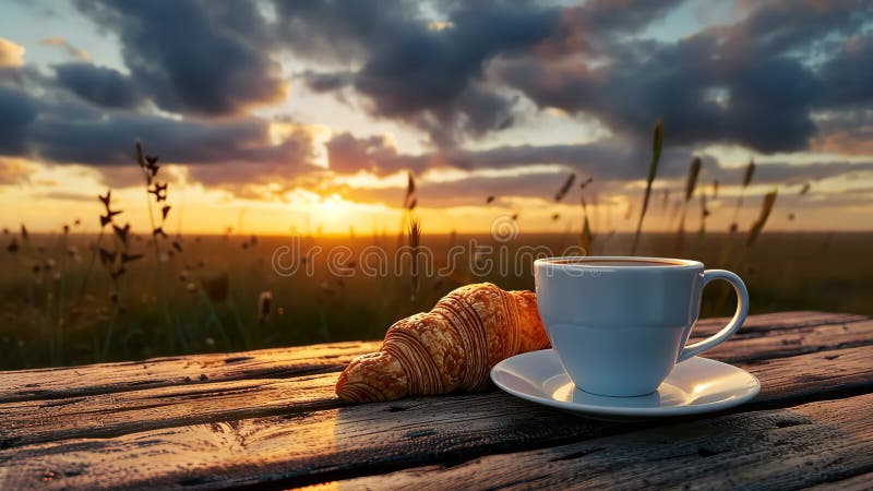 Cup of Coffee and Croissant on Rustic Table during Sunrise, Peaceful ...