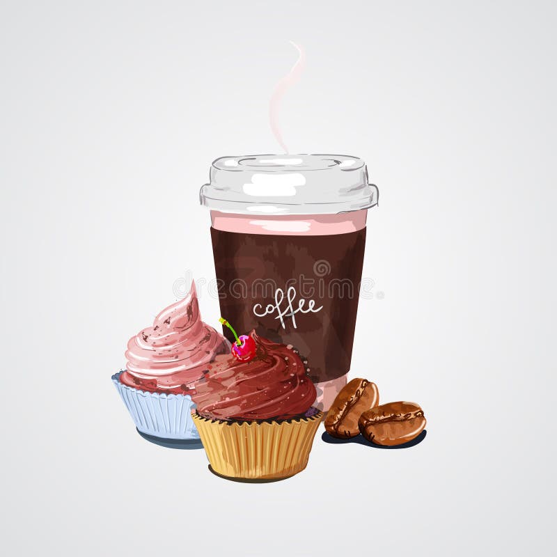 Cup of Coffee, Cupcakes and Coffee Beans. Vector Illustration Stock ...
