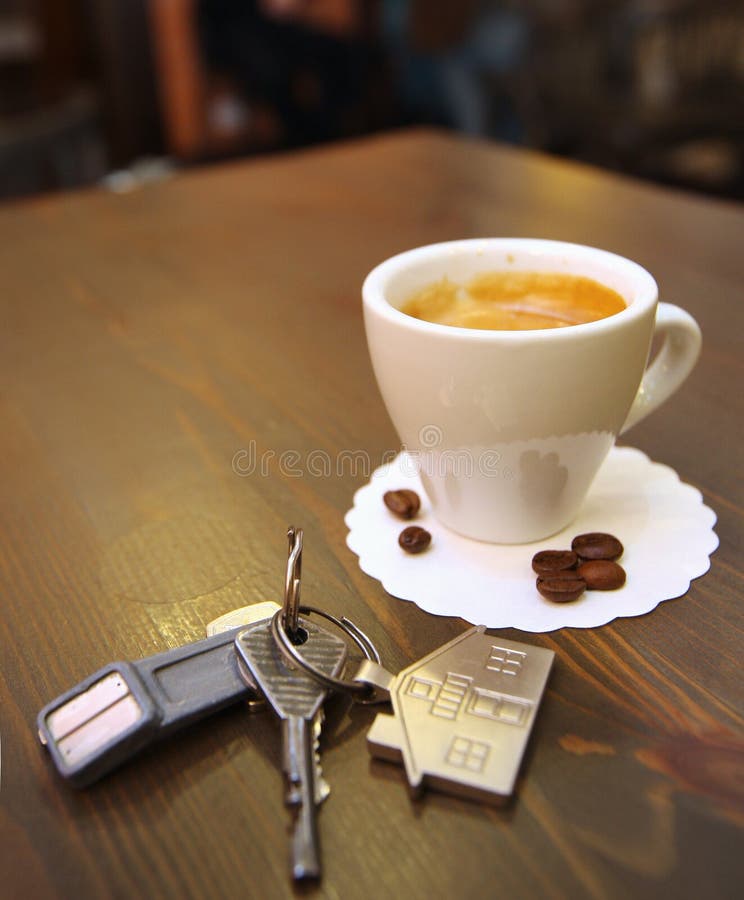 Cup of Coffee on the Desk and Keys Stock Image - Image of space, black ...