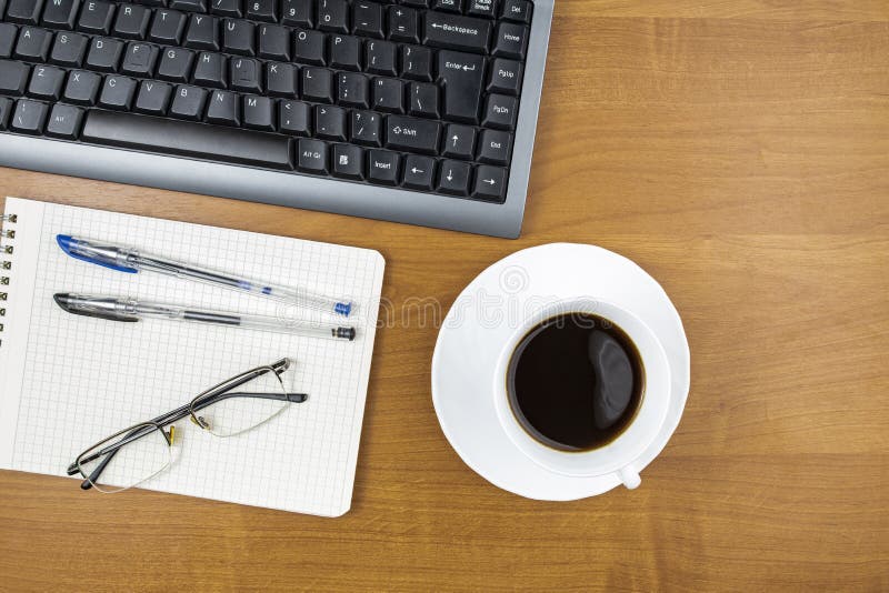 Cup of Coffee on the Desktop in the Office, Top View, Coffee at Work ...