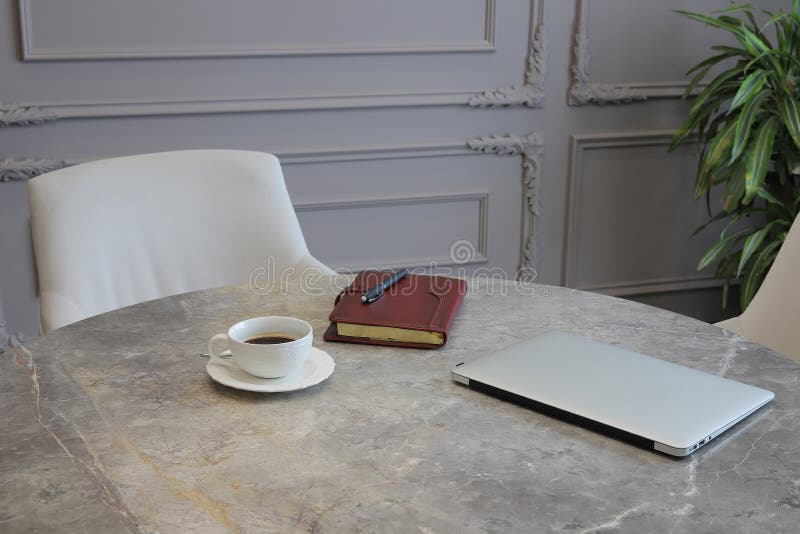 Cup of Coffee, Diary and Laptop on the Table Stock Photo - Image of ...