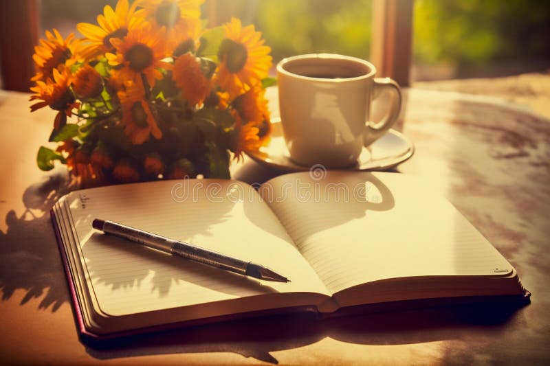 A Cup of Coffee with a Diary on the Table. Generative AI Stock ...