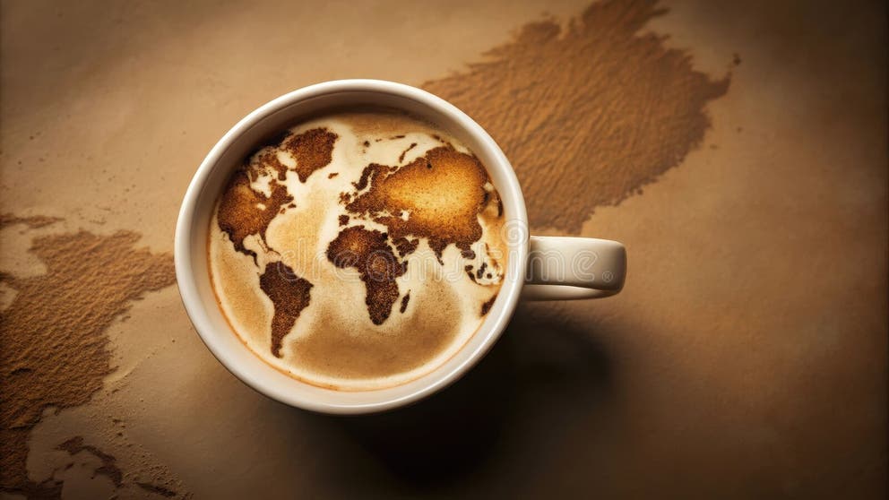 A Cup of Coffee Displaying a World Map Design Created with Coffee ...