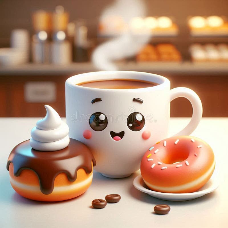 Cup of Coffee and Donuts 3D Model in Coffee Shop Stock Illustration ...