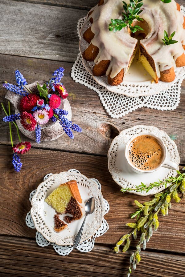 Easter Cake, Cup of Coffee and Spring Flowers Stock Photo - Image of ...