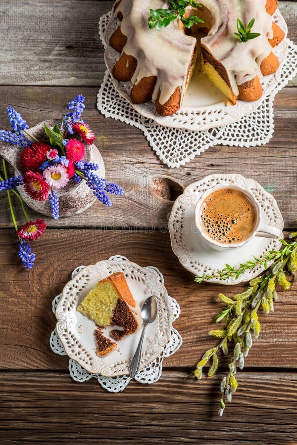 Cup of Coffee, Easter Cake and Spring Flowers Stock Photo - Image of ...