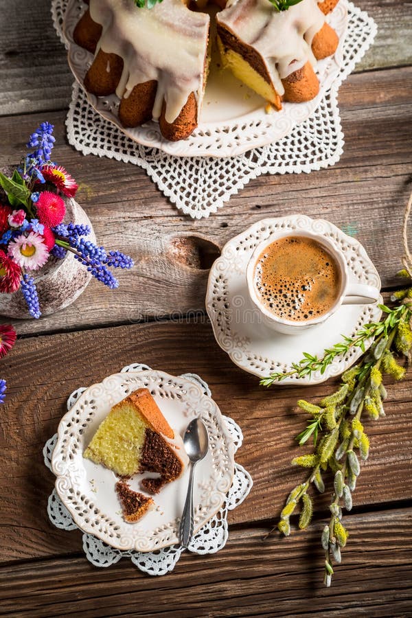 Easter Cake, Cup of Coffee and Spring Flowers Stock Photo - Image of ...