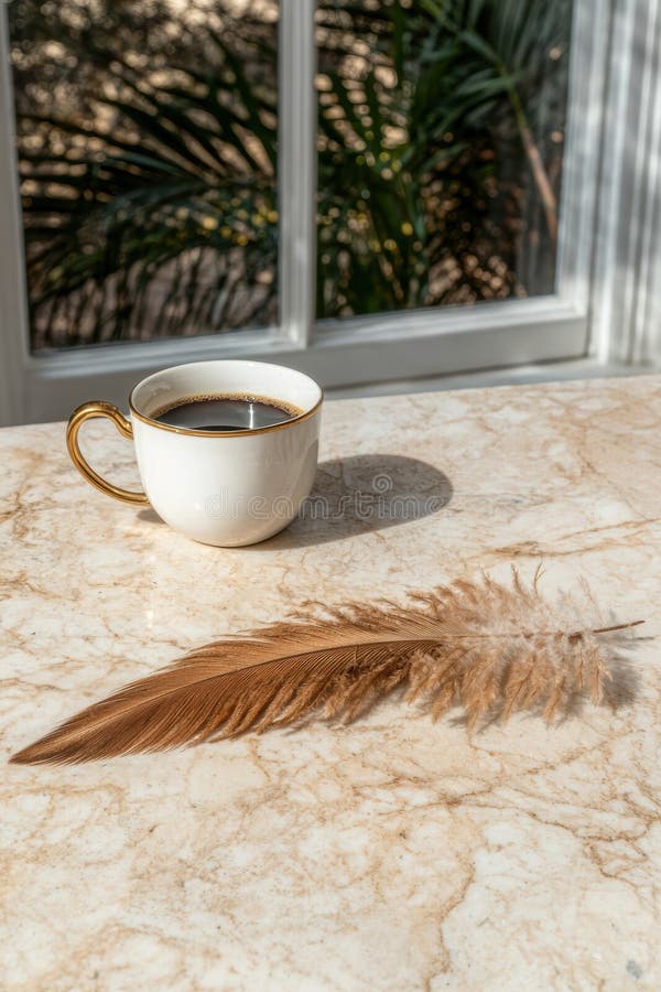 A Cup of Coffee and a Feather on a Marble Table. Stock Illustration ...