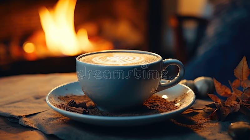 A cup of coffee by a fire stock photo. Image of coffee - 306848348