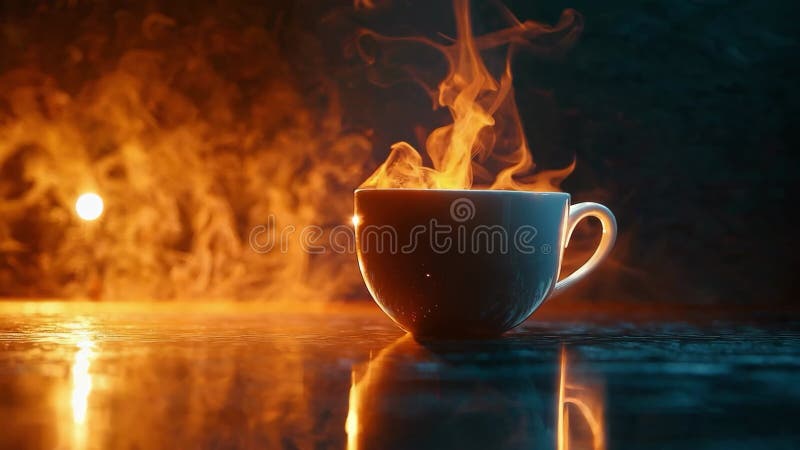 A Cup of Coffee with Flames Enveloping it on a Reflective Surface, Fire ...