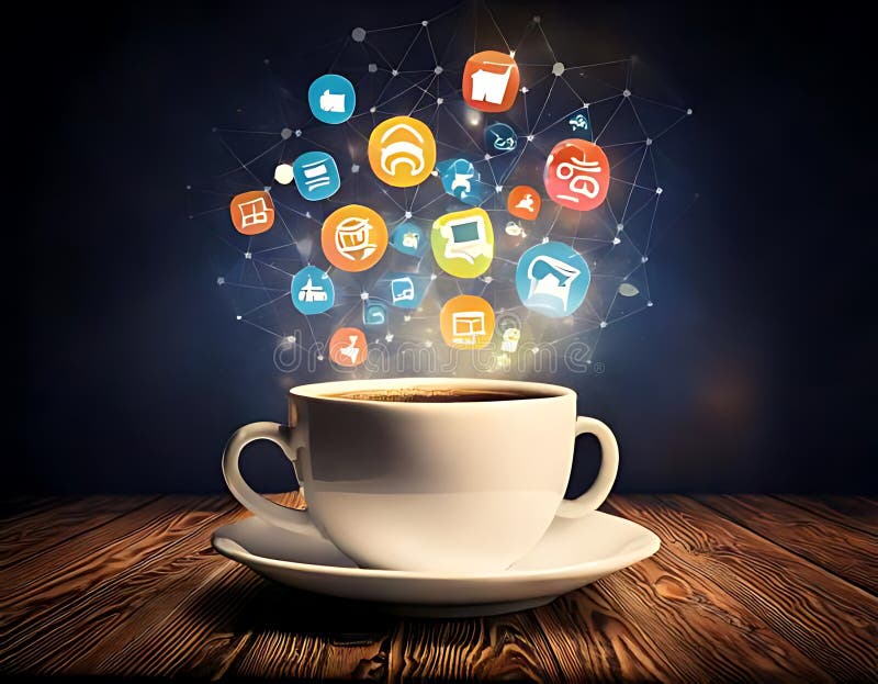 A Cup of Coffee with Floating Interconnected App Icons, on Wooden Table ...