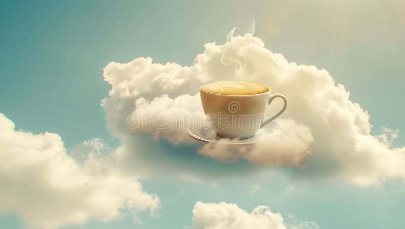 A Cup of Coffee Floats in the Sky, Surrounded by Clouds, with an Ethereal and Dreamy Atmosphere ...