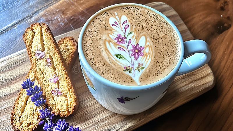 A Cup of Coffee with a Flower Design on it Sits on a Wooden Board with ...