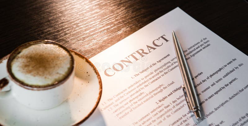 Cup of Coffee with Foam, Ballpoint Pen and Blank Contract on a Wooden ...