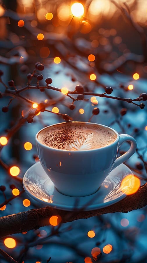 A Cup of Coffee in Front of a Tree with Lights Stock Image - Image of ...