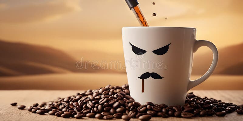 A Coffee Cup with an Angry Face Drawn on it Surrounded by Coffee Beans ...