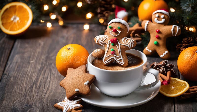 A Cup of Coffee with a Gingerbread Man on Top Stock Illustration ...