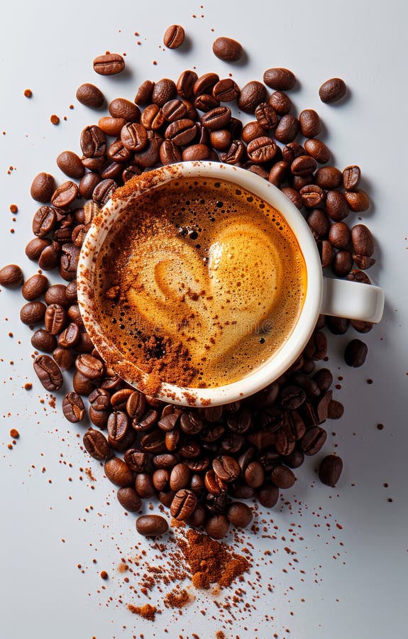 Cup of Coffee with Heart Shape on Top of Coffee Beans Stock Photo ...
