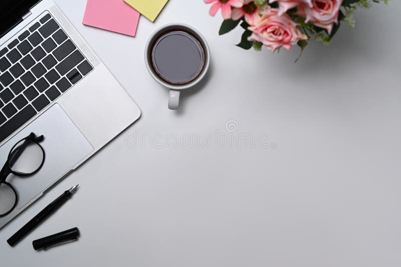 Cup of Coffee, Laptop Computer, Glasses and Sticky Notes on White Table ...