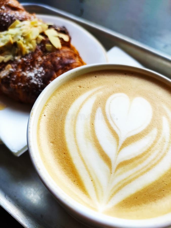 A Cup of Coffee, Latte, Croissant, Morning Time, Breakfast Stock Photo ...